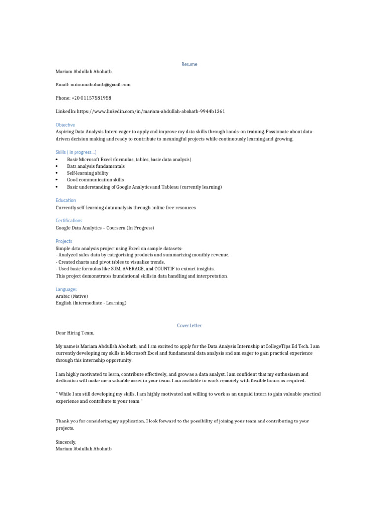 Mariam Abdullah Data Analysis Internship | PDF