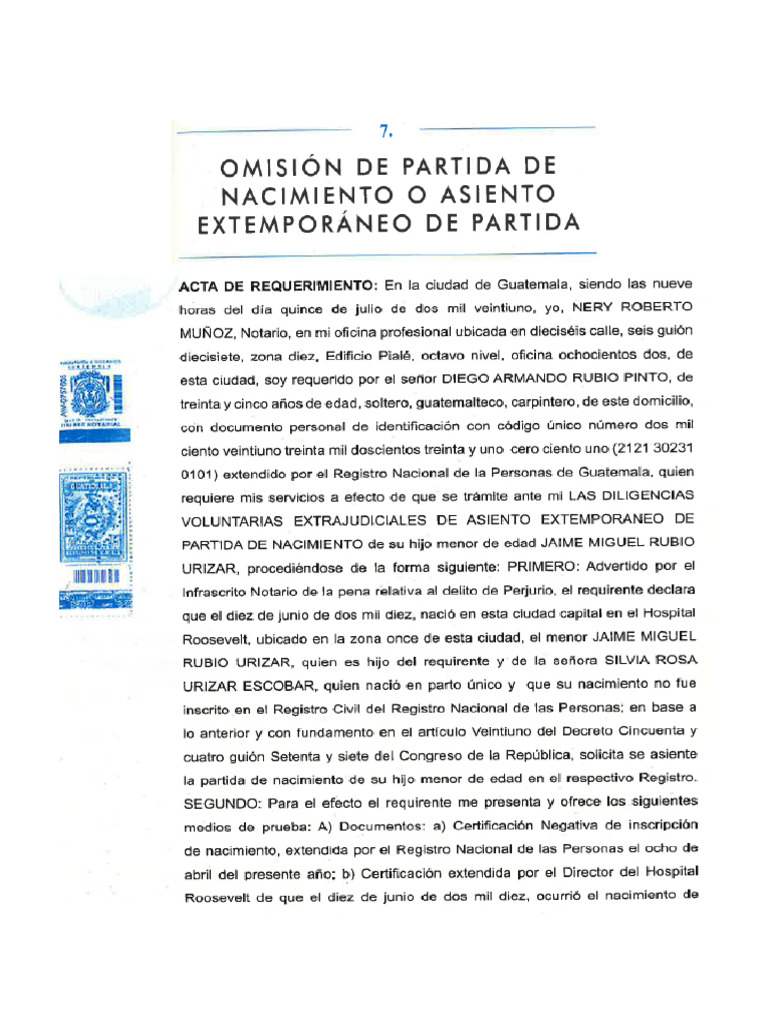 Omision de Partida de Nacimiento o Asiento Extemporaneo de Partida de ...