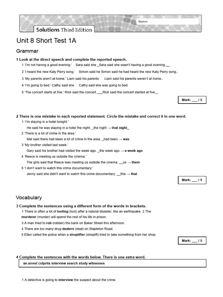 Unit 8 Short Test 1A Solutions | PDF | Crimes | Crime & Violence