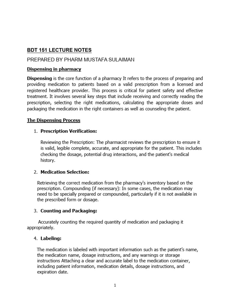 BDT 151 Lecture Note - 040042 | PDF | Medical Prescription | Pharmacy