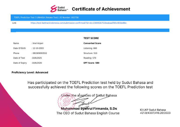 Sertifikat TOEFL Prediction 2758 | PDF