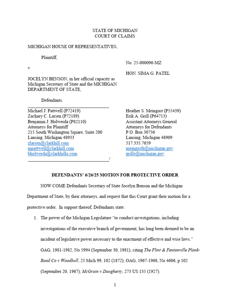 2025.06.26 MDOS - Motion For Protective Order - House | PDF | Subpoena | Government