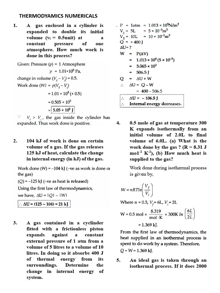 Thermodyamics Numericals | PDF