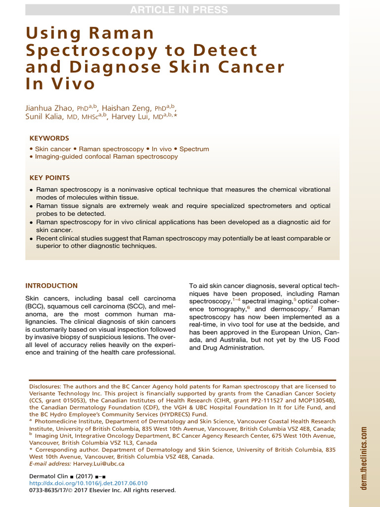 Using Raman Spectroscopy To Detect and Diagnose Skin Cancer in Vivo ...