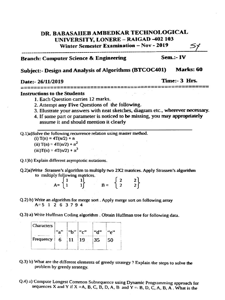 Btech Cs 4 Sem Design and Analysis of Algorithms Btcoc401 Nov 2019 | PDF | Dynamic Programming ...