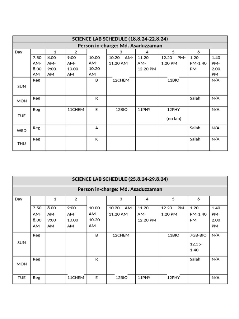 August Science Lab Roster 2024 | PDF