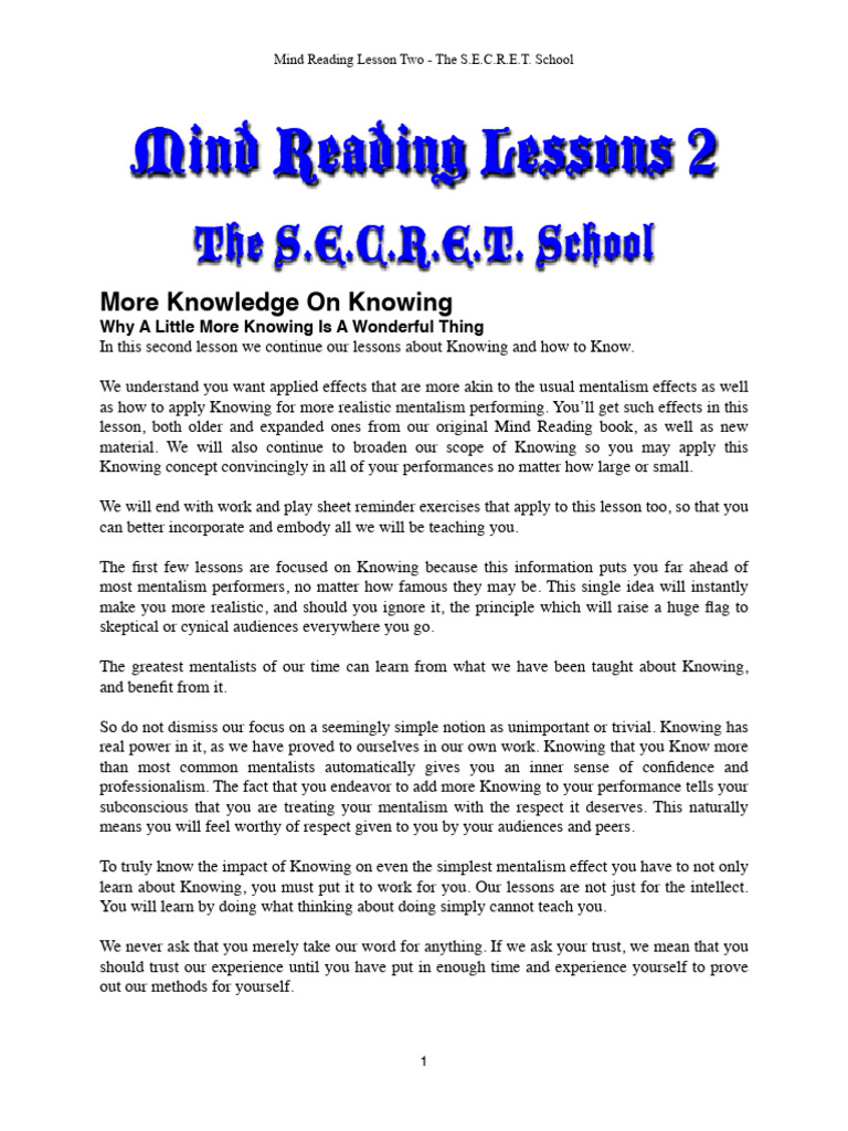 Mind Reading Lesson 2 | PDF | Mentalism | Thought