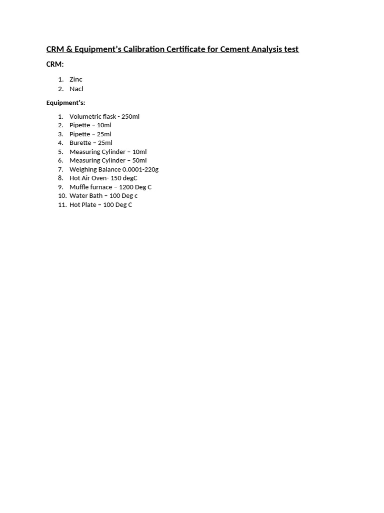 CRM & Equipment's Calibration Certificate For Cement Analysis Test | PDF