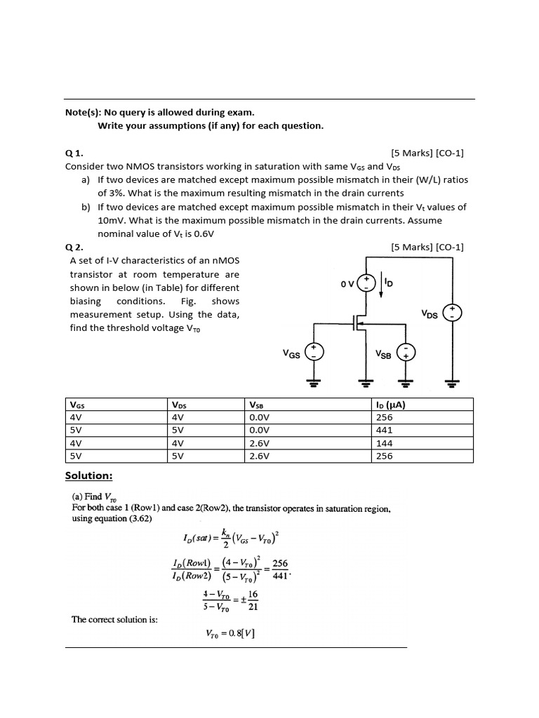 Solutions MidSem EC2 201 VLSID M22 | PDF | Mosfet | Field Effect Transistor