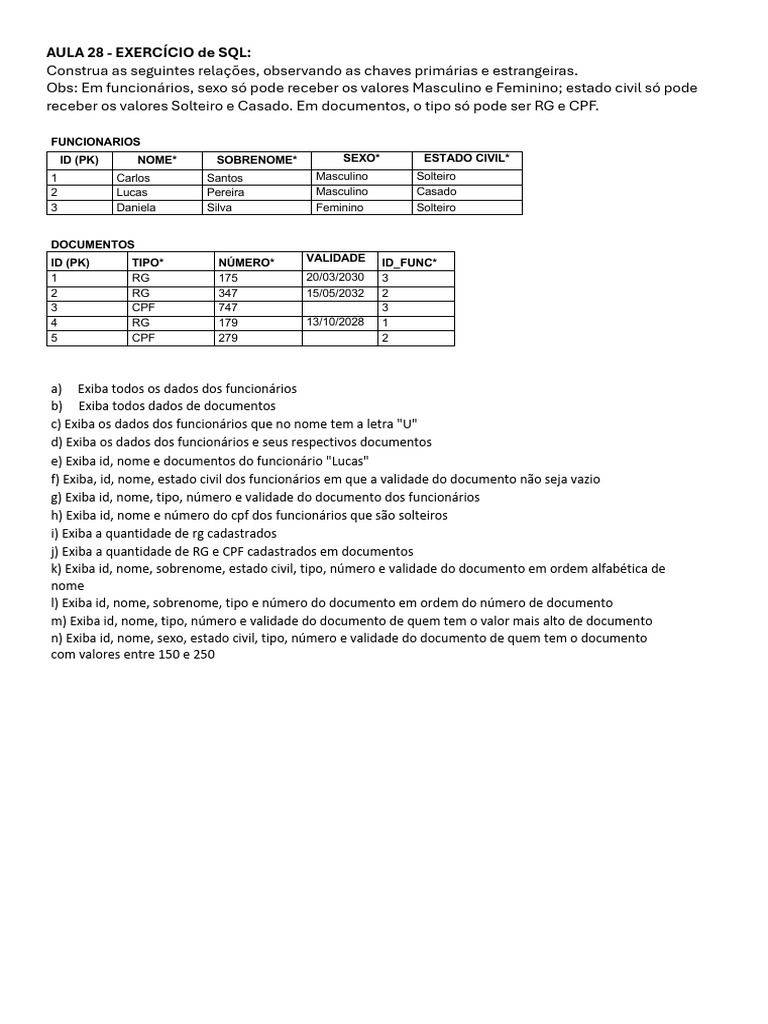 Aula 28 - Exercicio de SQL | PDF
