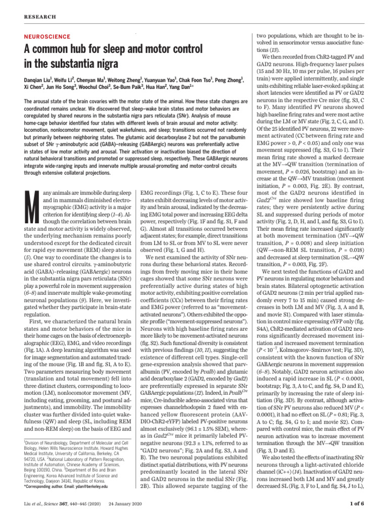 A Common Hub For Sleep and Motor Control in The Substantia Nigra-1 ...
