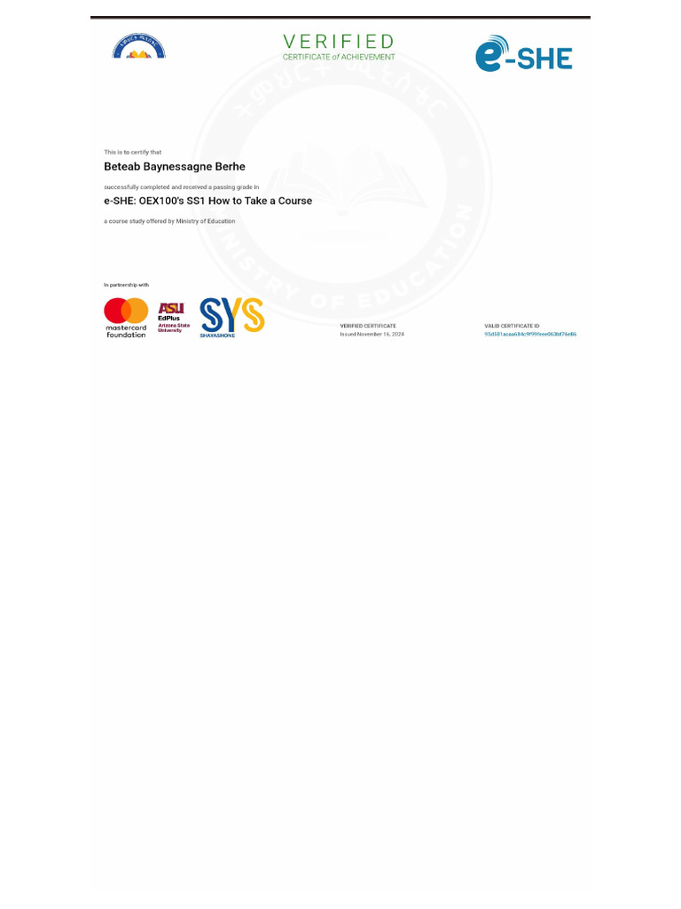 E-SHE CE100 Certificate - Jimma University PDF | PDF