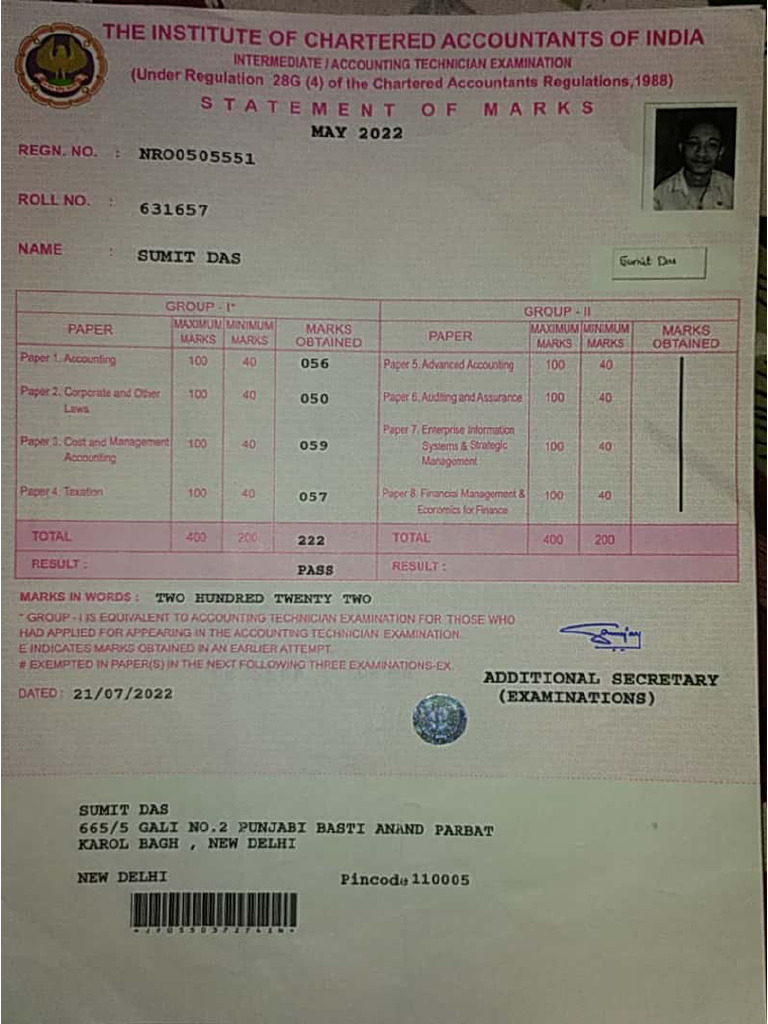 CA Inter and Foundation Marksheet | PDF
