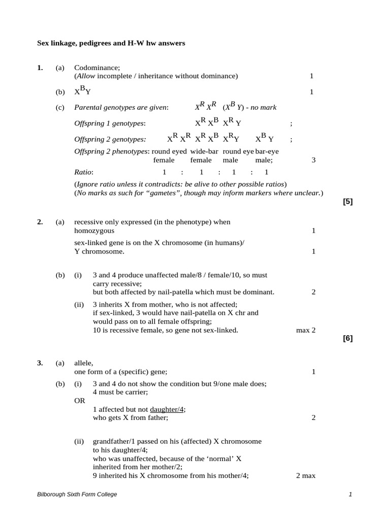 Sex Linkage, Pedigree and Stats Answers | PDF | Dominance (Genetics ...