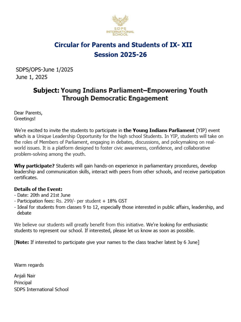 Circular For Young Indians Parliament Event | PDF