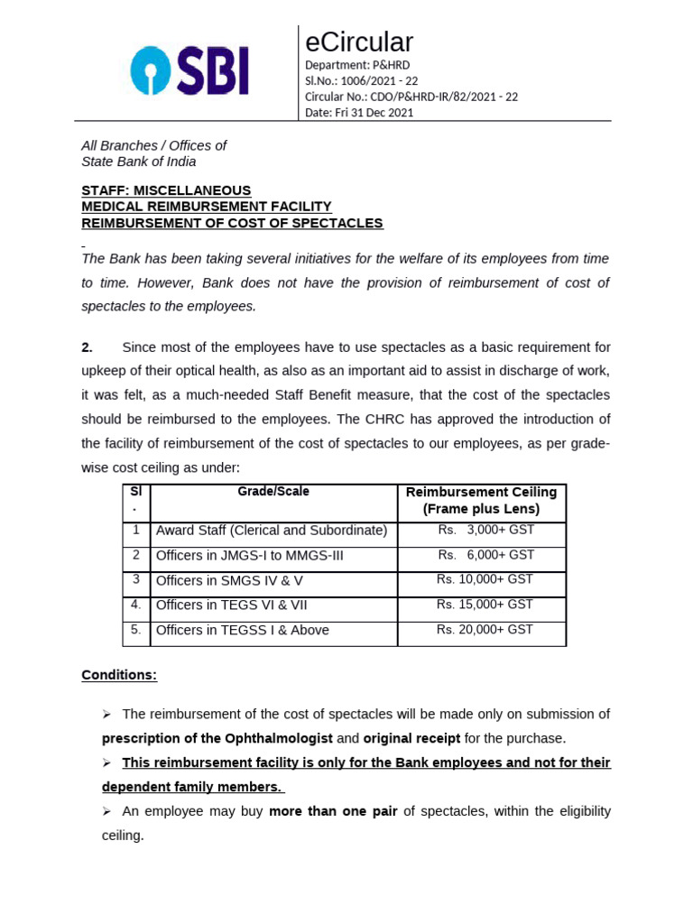 Spectacle Reimbursement Policy for Staff | PDF | Glasses