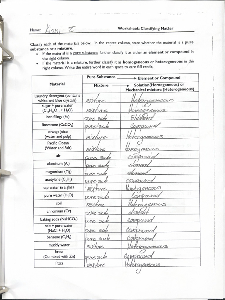 Worksheet Classifying Matter | PDF