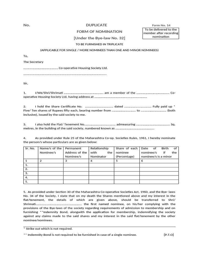 Form No. 14: Nomination for Housing Society | PDF