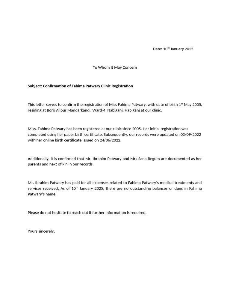 Fahima Doctors Letter | PDF