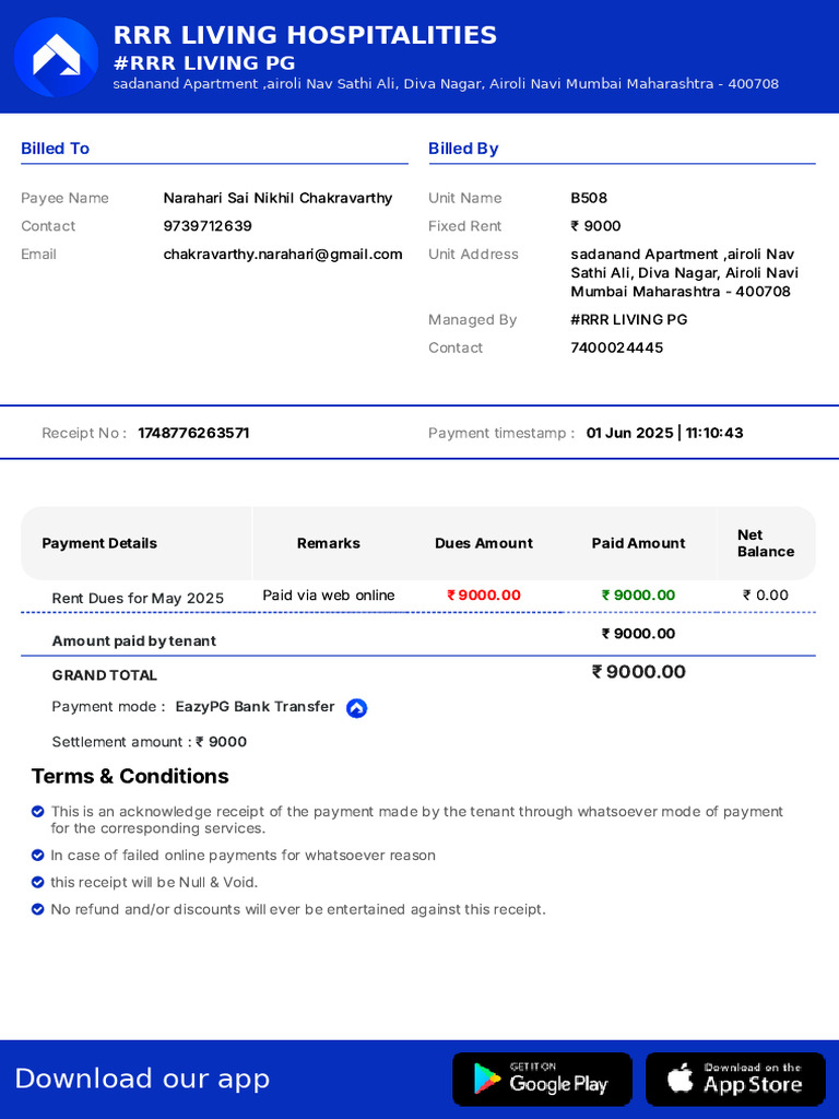 RRR Living PG Payment Receipt | PDF | Payments | Receipt
