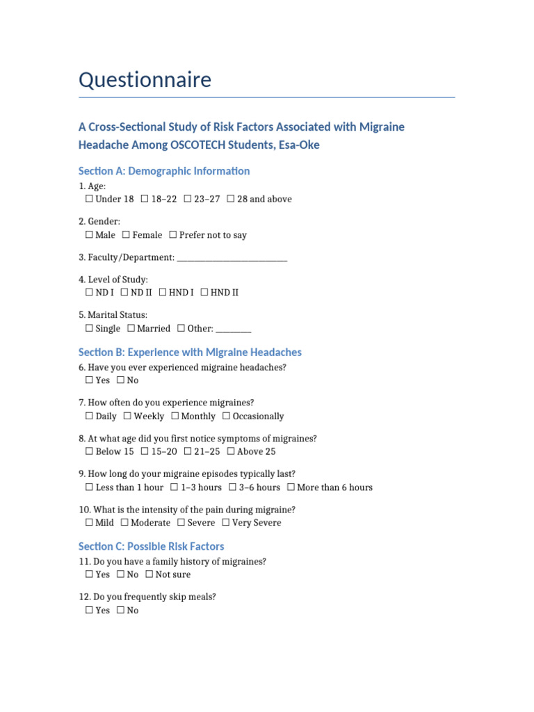 Migraine Questionnaire for Students | PDF