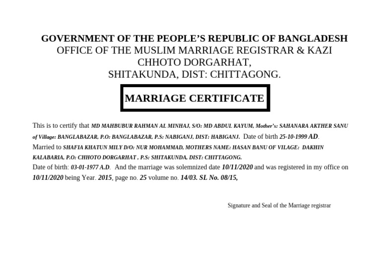 Bangladesh Marriage Certificate Details | PDF
