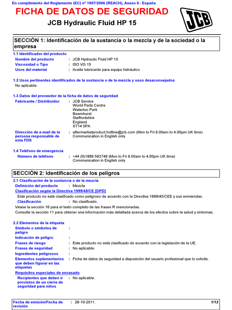 Ficha de Seguridad JCB Hydraulic Fluid HP 15 | PDF | Residuos | Reciclaje