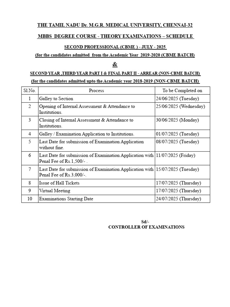 Mbbs Jul2025 Schedule | PDF