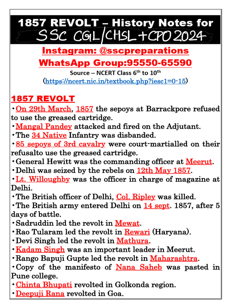 1857 Revolt: Key Events and Leaders | PDF | Indian Rebellion Of 1857 ...