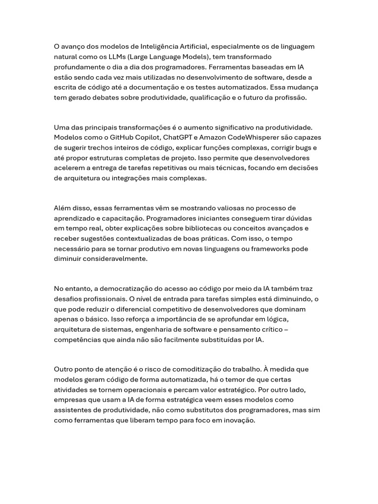 Como Os Modelos de Inteligência Artificial Estão Impactando o Trabalho de Programadores | PDF ...