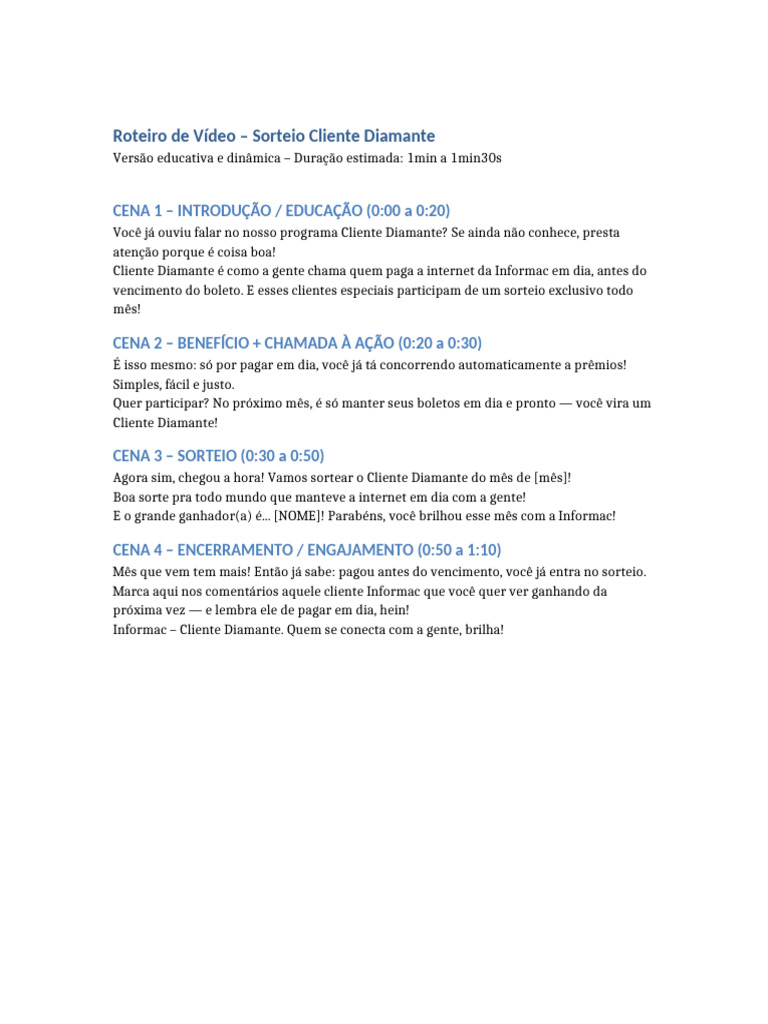 Roteiro Sorteio Cliente Diamante | PDF