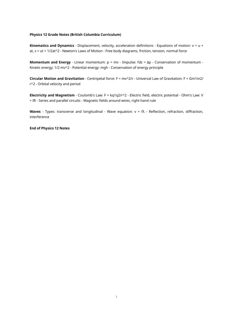 Physics 12 Notes: Kinematics to Waves | PDF