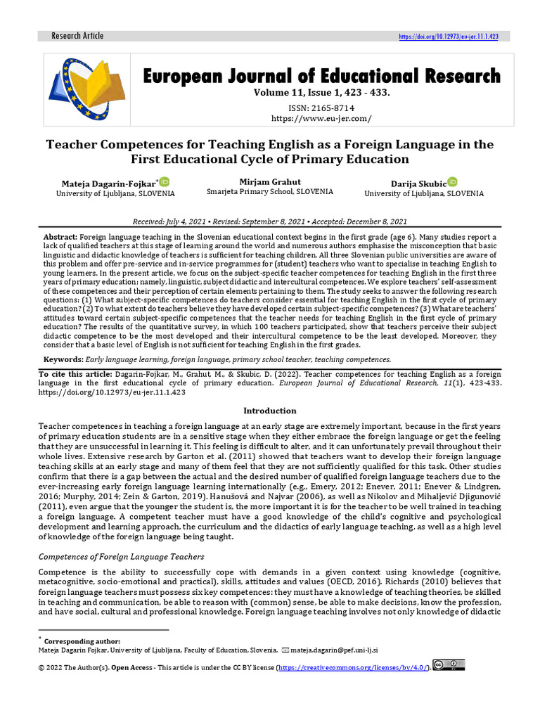 Dagarin-Fojkar, Mateja Grahut, Mirjam Skubic, Darija | PDF | Teachers | Teacher Education