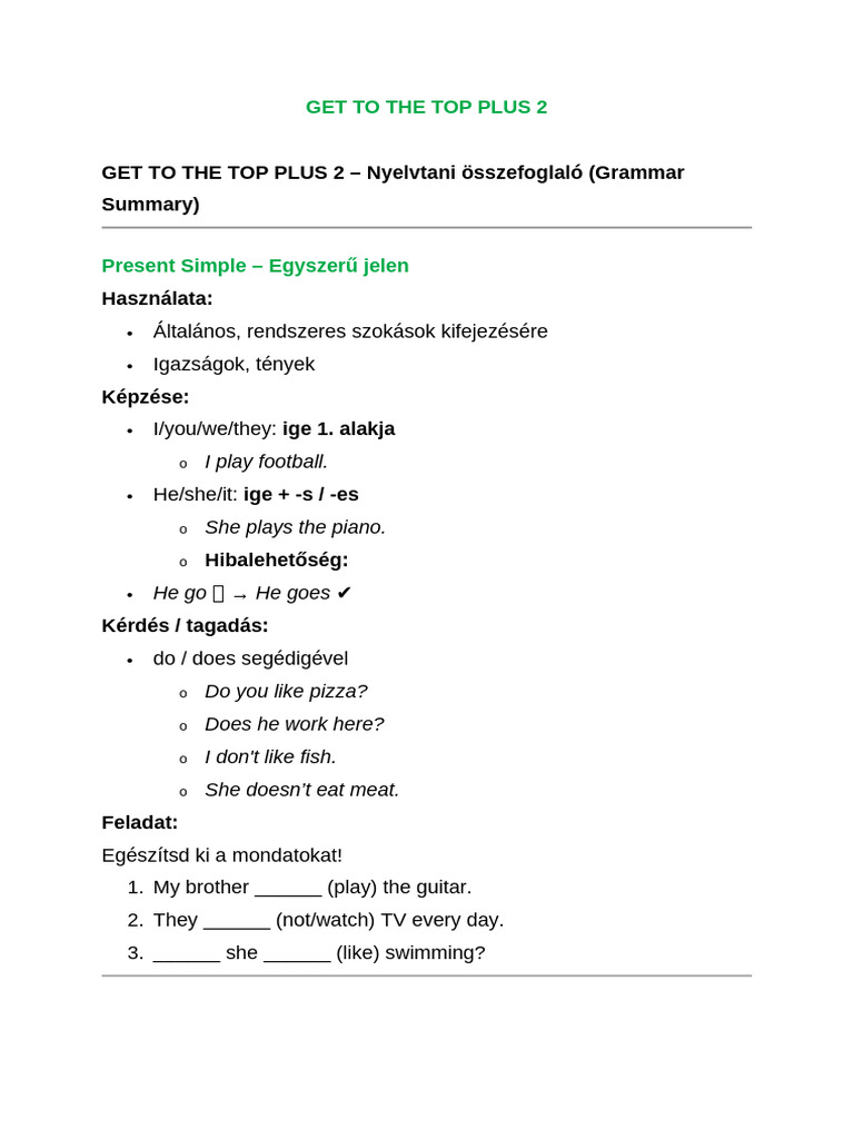 Get To The Top Plus 2 Nyelvtani Összefoglalás | PDF