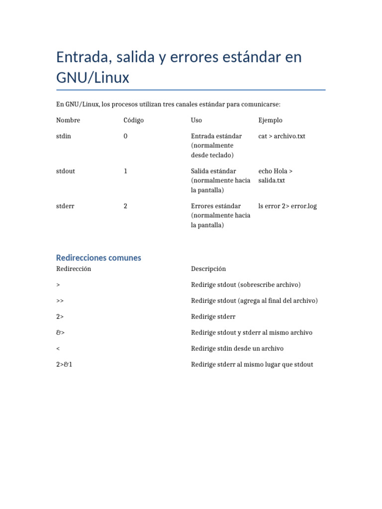 Entrada Salida Errores GNU Linux | PDF
