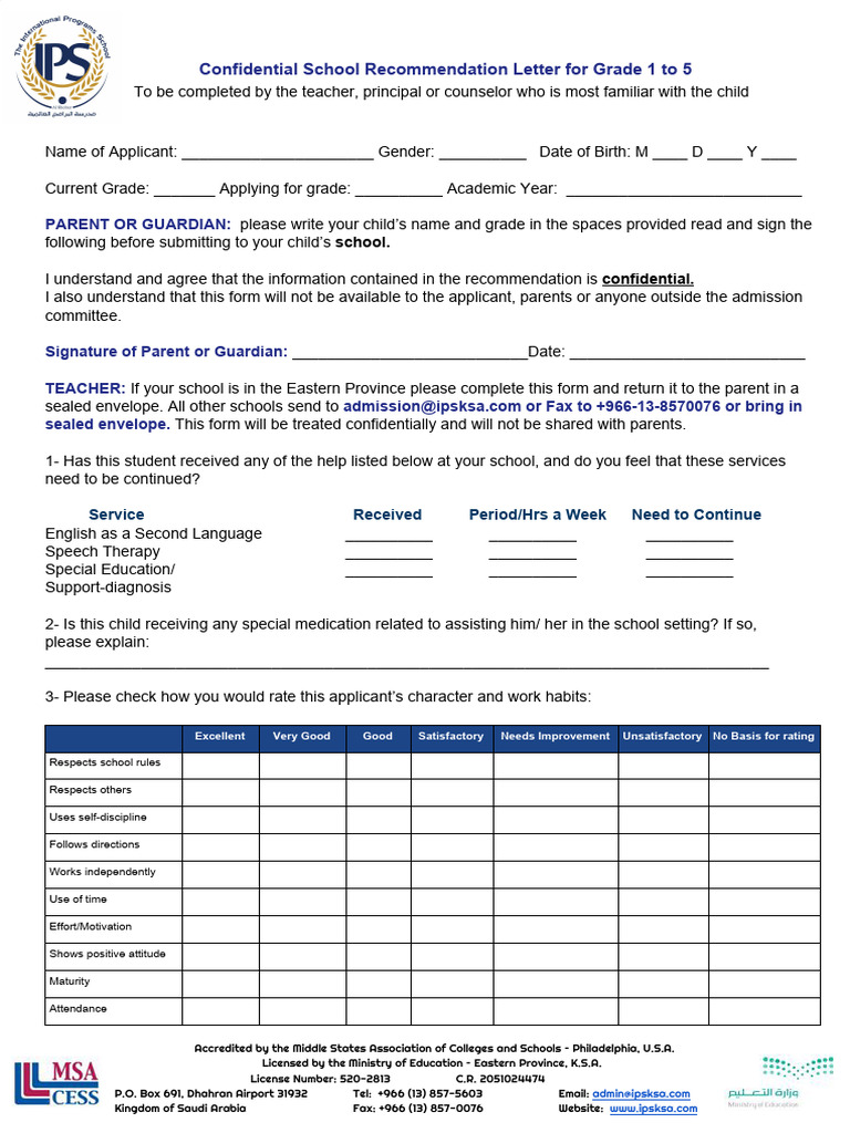 Confidential School Recommendation Letter for Grade 1 to 5 - 2019 (2) | PDF | Social Psychology ...