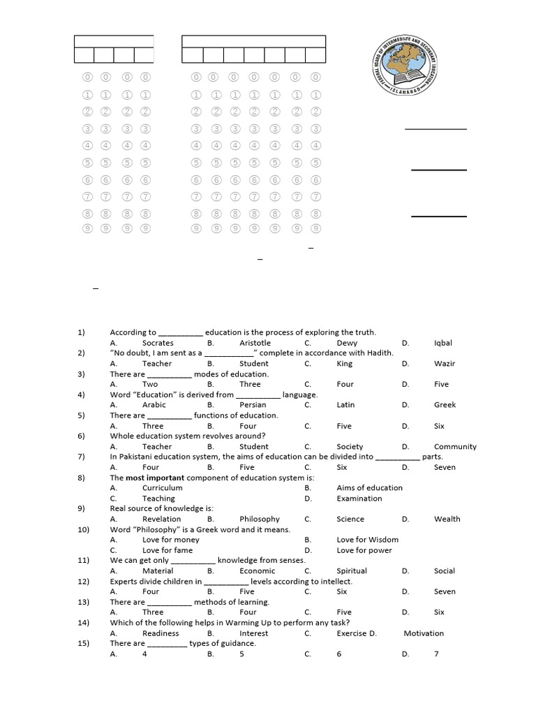 Final Education Model Paper HSSC-I Fbise | PDF | Philosophy Of ...