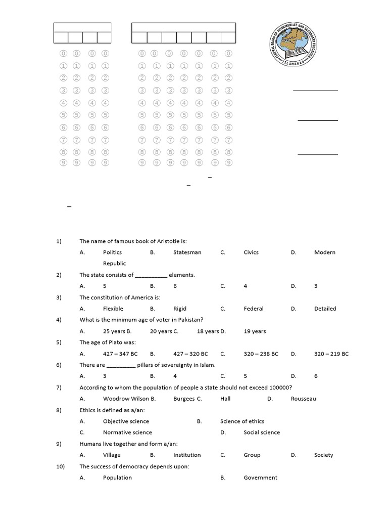 Civics HSSC-I Model Question Paper | PDF | Constitution | Government