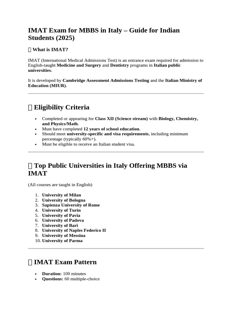 IMAT Exam For MBBS in Italy | PDF | Educational Stages | Qualifications