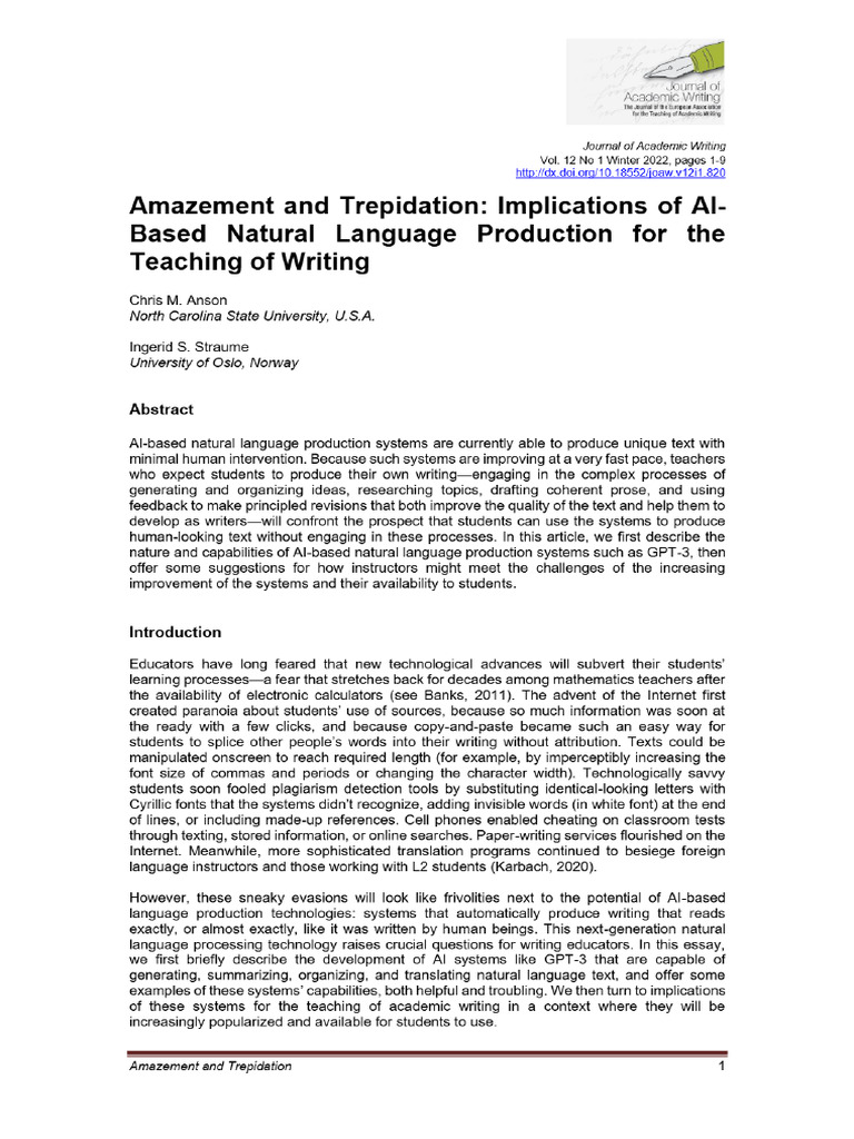 View of Amazement and Trepidation - Implications of AI-Based Natural Language Production For The ...