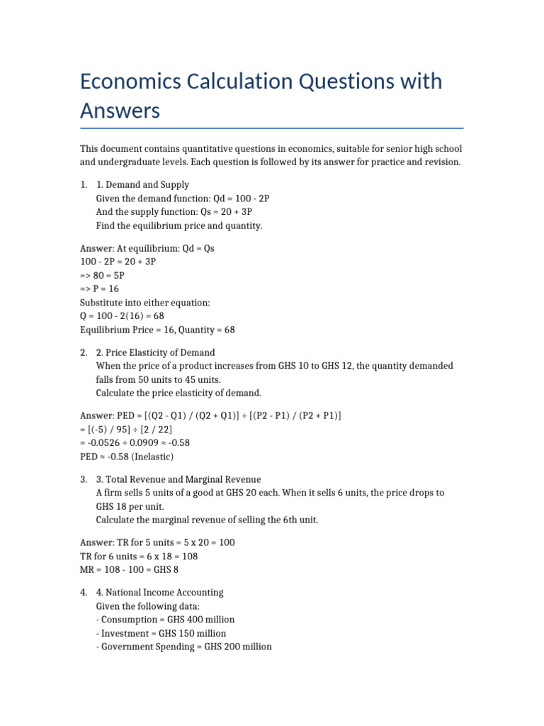 Economics Calculation Questions With Answers | PDF | Demand | Price ...