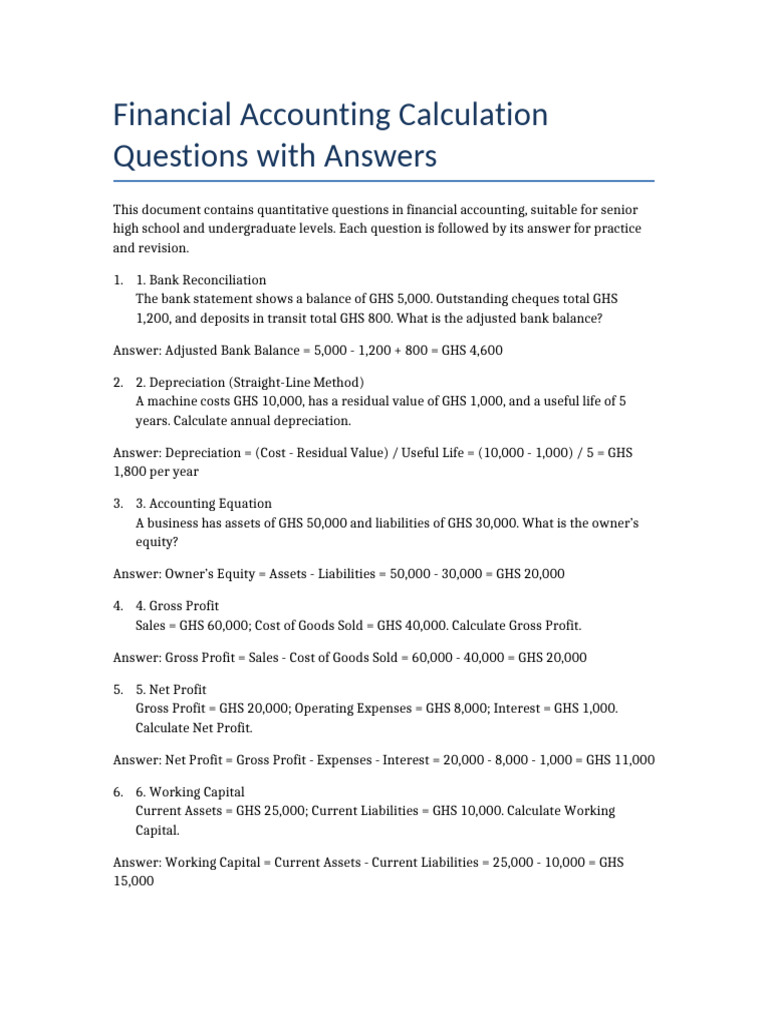 Financial Accounting Calculation Questions With Answers | PDF ...