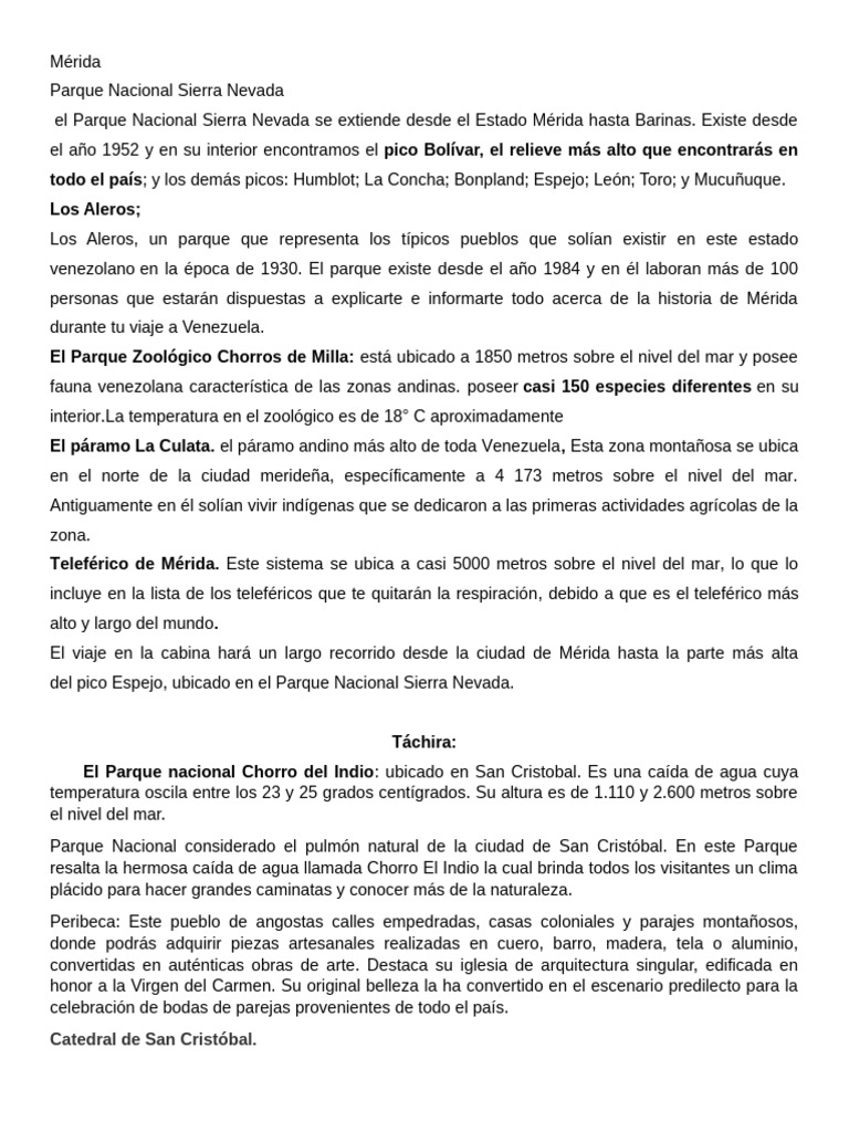 Sitios Turísticos en Mérida, Venezuela | PDF