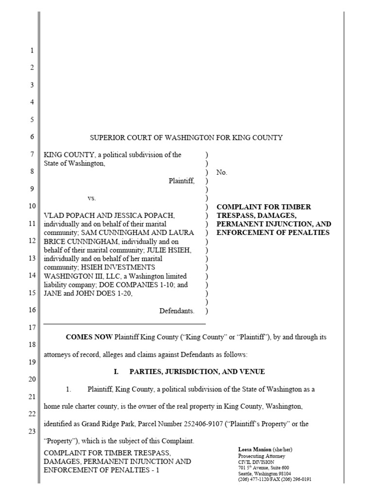 King County Lawsuit Documents | PDF | Damages | Complaint