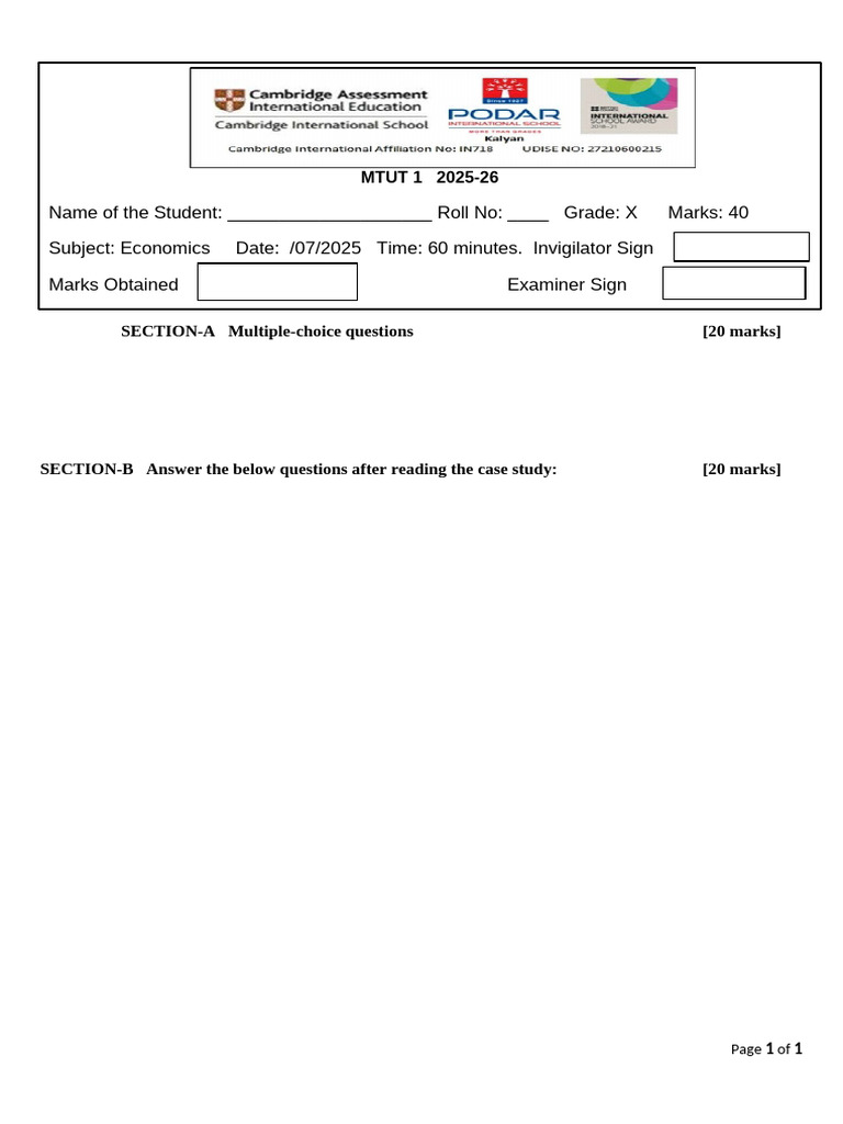 MTUT 1 Question Paper Format 2025-26 | PDF