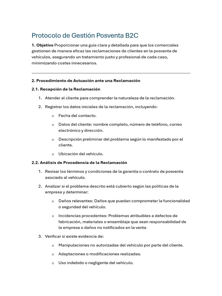 Protocolo de Gestión Posventa B2C | PDF