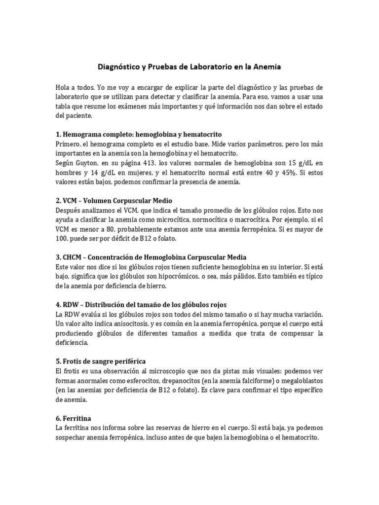 Diagnóstico de Anemia: Pruebas Clave | PDF | Anemia | Fluidos corporales