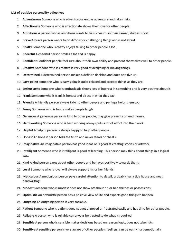 Positive Personality Adjectives List | PDF | Adjective