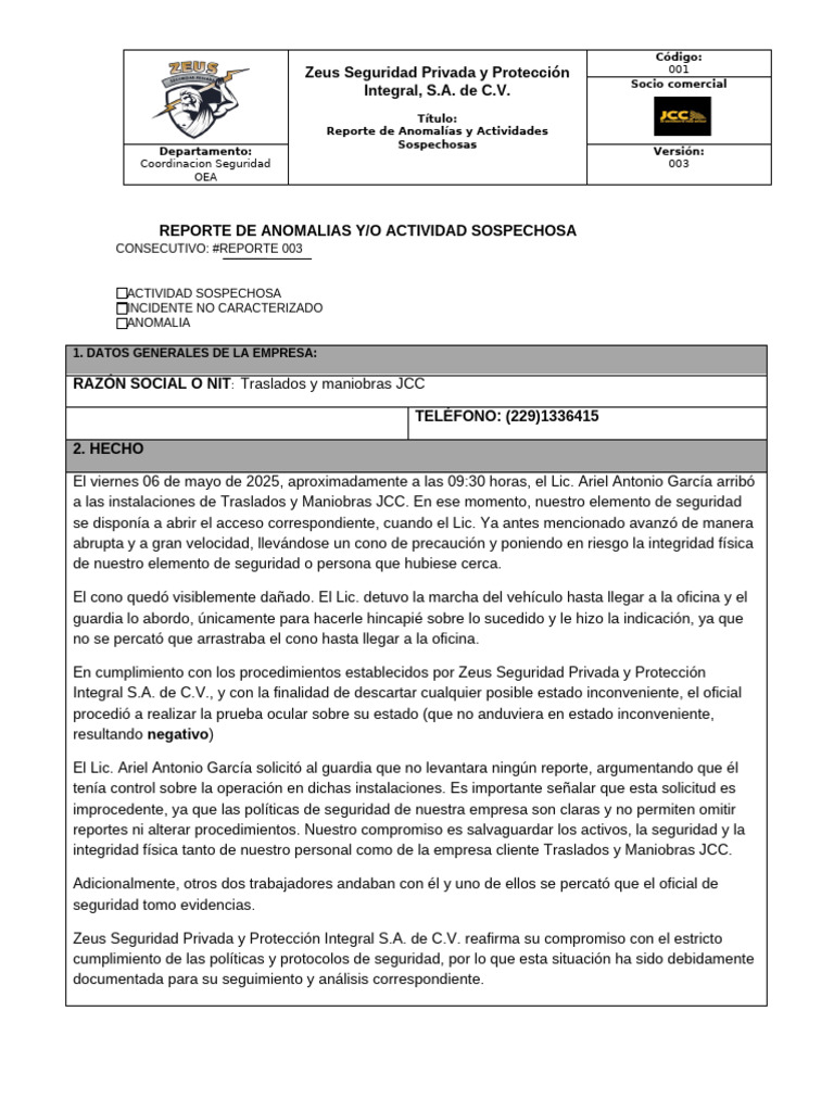 Reporte de Anomalias. | PDF