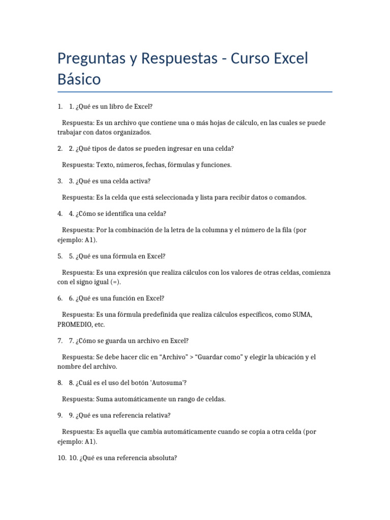 Preguntas Excel Basico | PDF